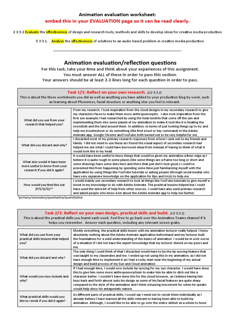 Animation Evaluation Worksheet 2223 | PDF | Knowledge
