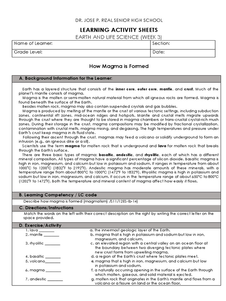Earth and Life Science Week 3 Magma WorkSheet | PDF | Magma | Crust ...