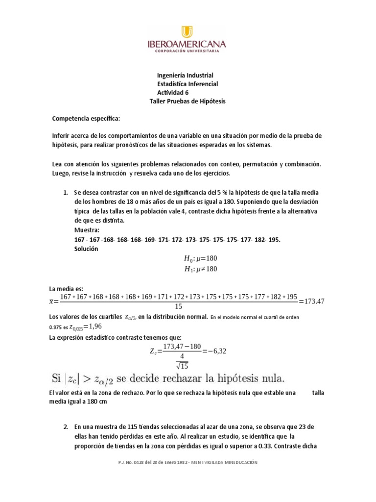 Actividad 6 Taller Pruebas de Hipótesis | PDF | Prueba de hipótesis ...