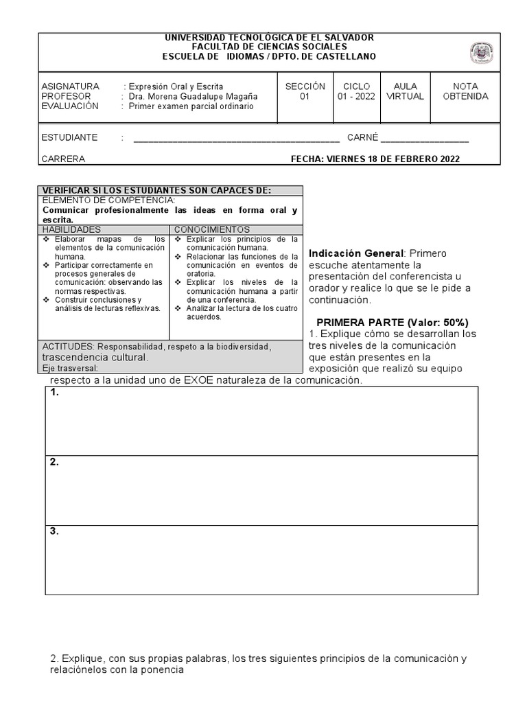 Examen Parcial Exoe Primer Periodo | PDF | Comunicación | Ciencia cognitiva