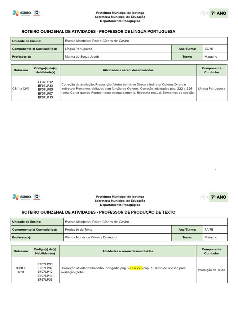03 - 11 A 12 - 11 - Turma 7a - 7B - Roteiro de Atividades - Ensino Fundamental - 7º Ano | PDF ...