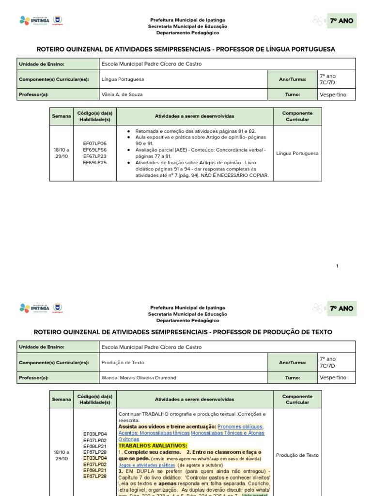 18 - 10 A 29 - 10 - Turma 7C - 7D - Roteiro de Atividades | PDF | Pedagogia