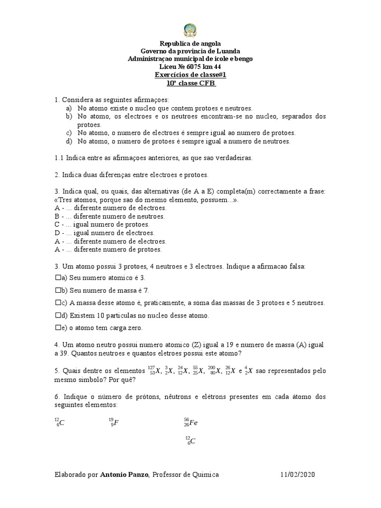 #1. Exercícios de Classe | PDF | Nêutron | Átomos