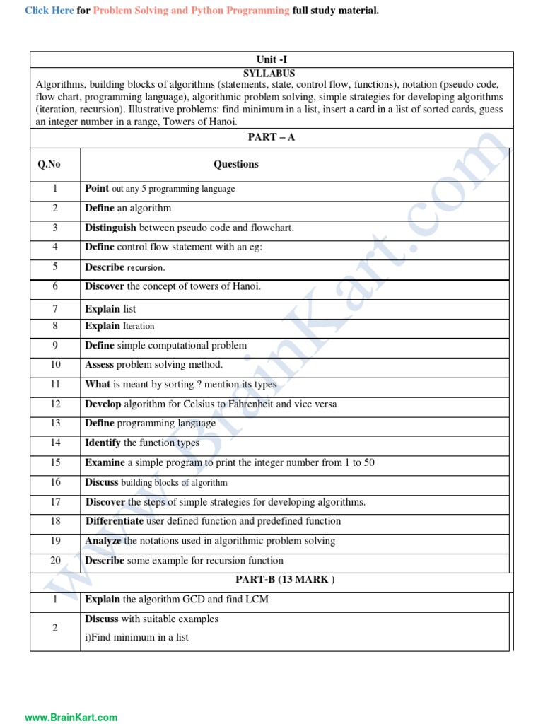 Question Bank Problem Solving And Python Program Pdf Parameter Computer Programming