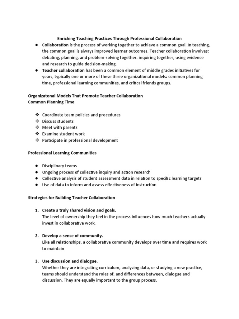 Enriching Teaching Practices Through Professional Collaboration Report ...