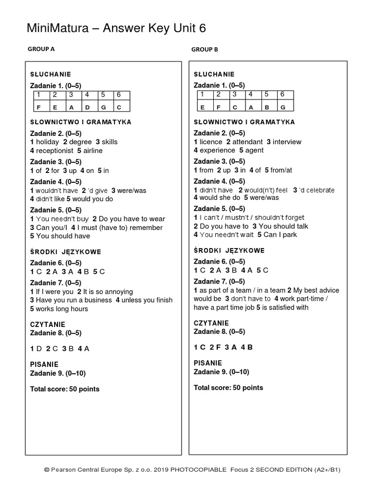 Focus 2 MiniMatura Unit 6 ANSWERS | PDF