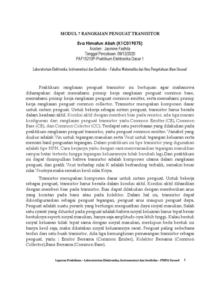 MODUL 7 RANGKAIAN PENGUAT TRANSISTOR K1C019075 - Eva Himatun Aliah ...