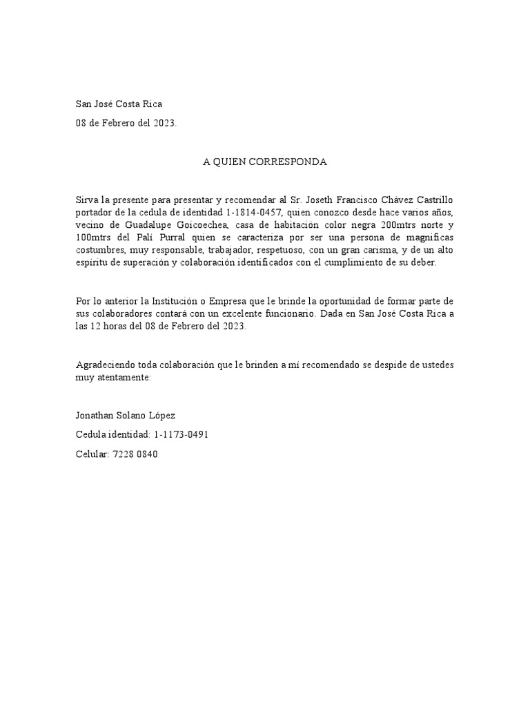 Carta Recomendación Joseth | PDF
