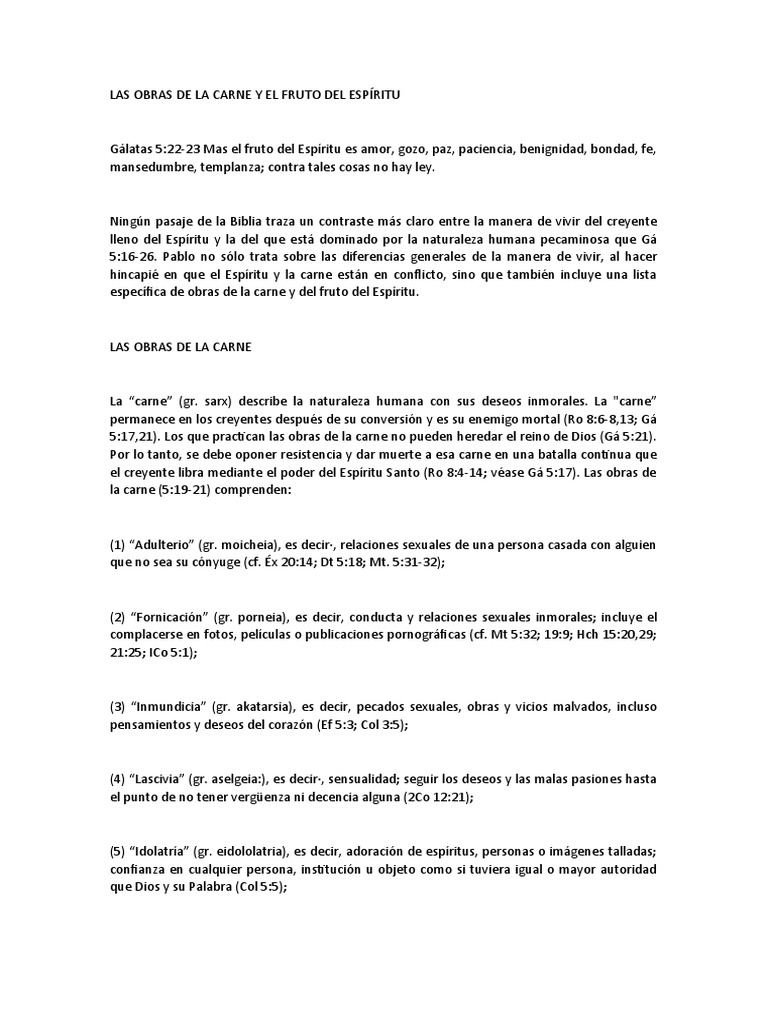 PDF Las Obras de La Carne y El Fruto Del Espíritu | PDF | Creencia ...