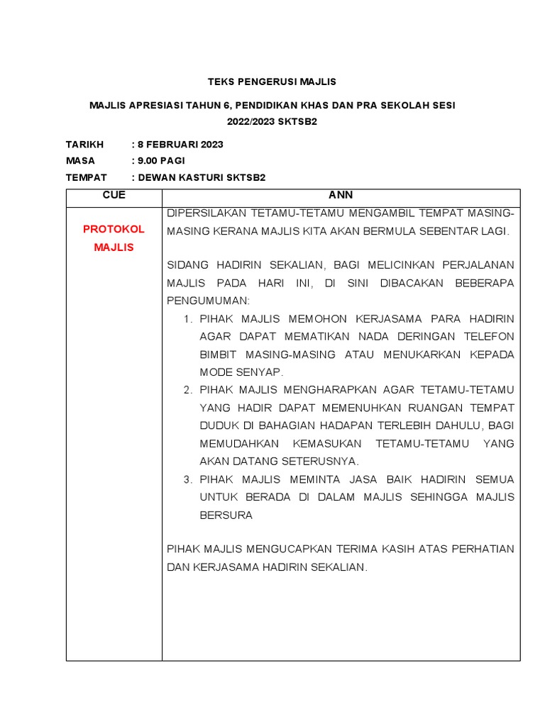 Teks Majlis Graduasi Tahun 6 2023 | PDF