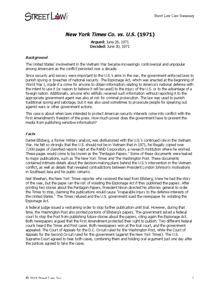 New York Times Co. vs. U.S (1971) | PDF | First Amendment To The United ...