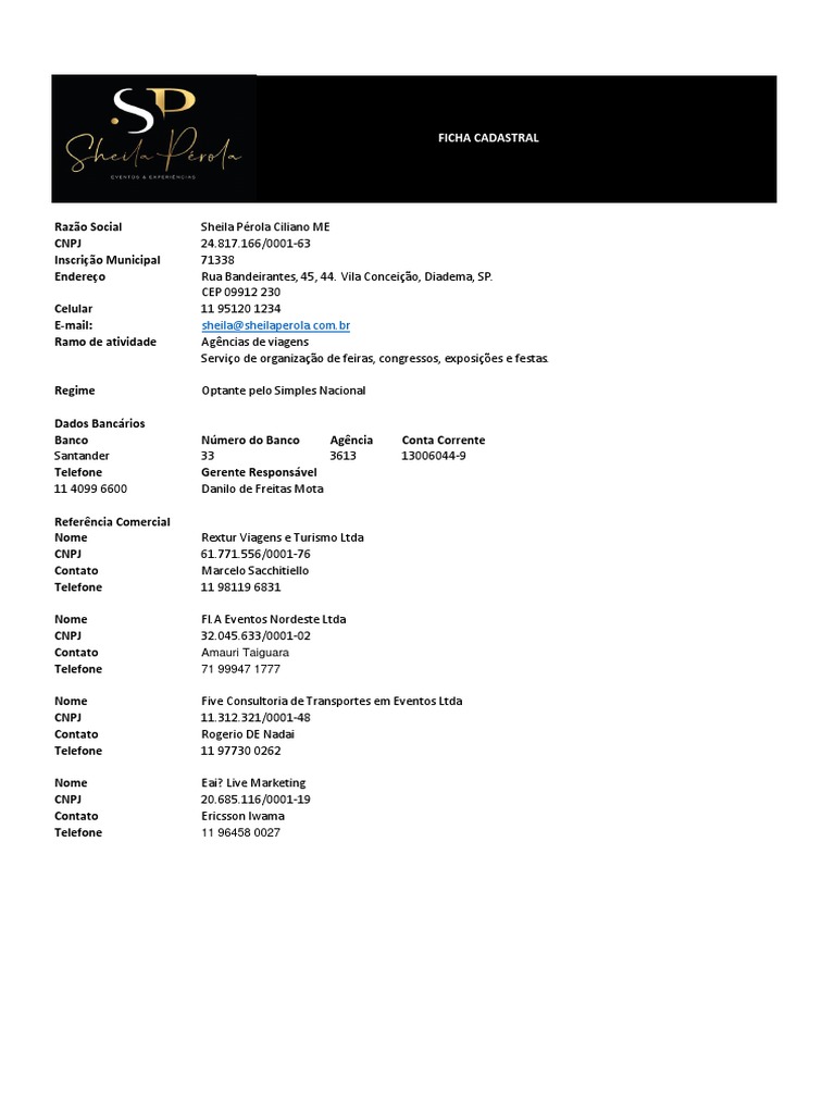 Ficha Cadastral Sheila Pérola Eventos e Experiências | PDF