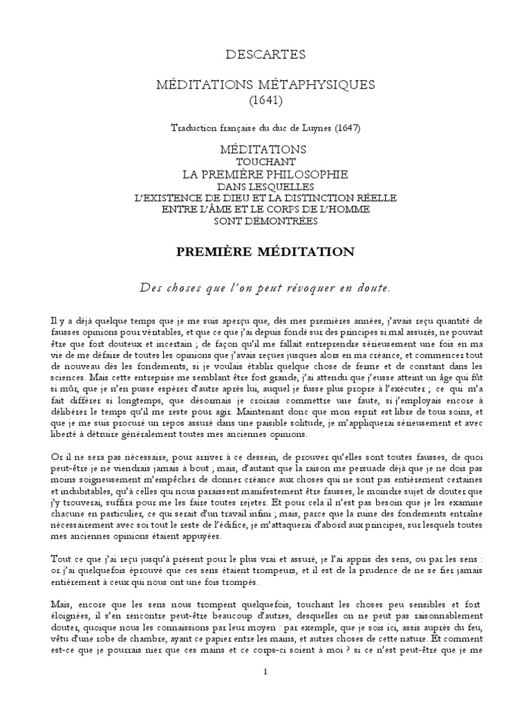 Méditations métaphysiques de Descartes | PDF | Vérité | Métaphysique