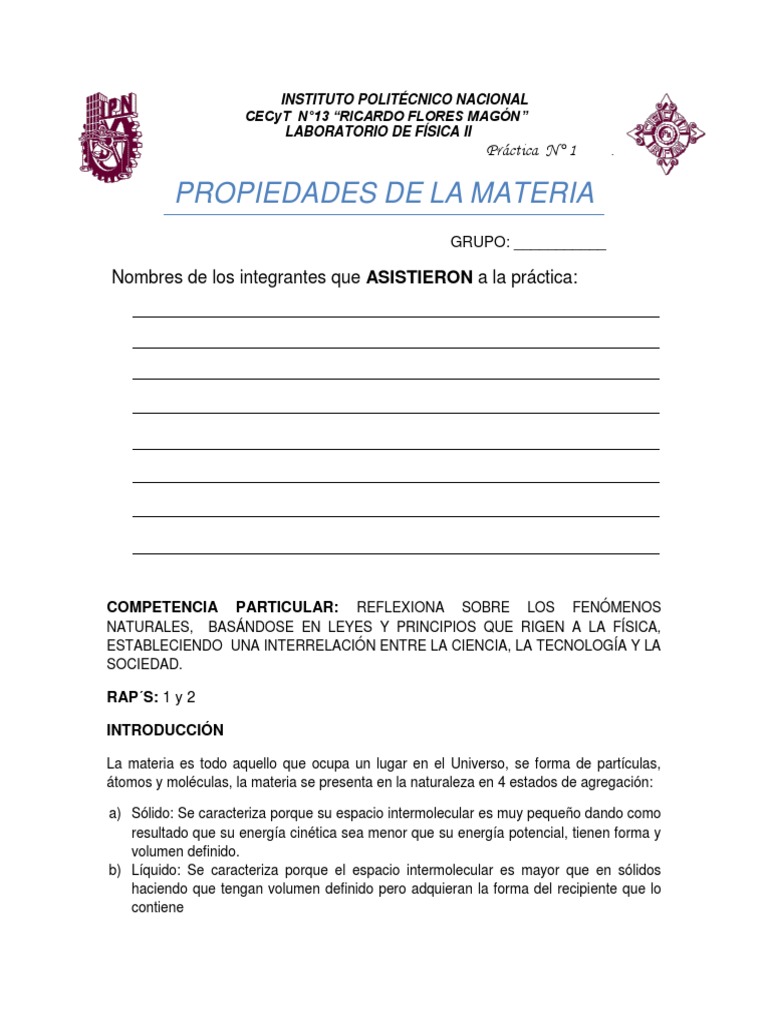 Práctica Propiedades de La Materia | PDF | Importar | Gases