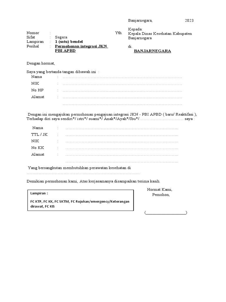 Form Permohonan Pengajuan Integrasi PBI APBD | PDF