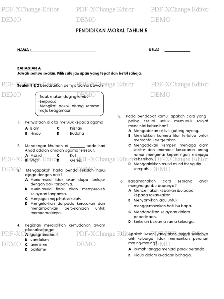 Ujian Akhir Tahun KSSR Tahun 5 Pendidikan Moral Set1 | PDF