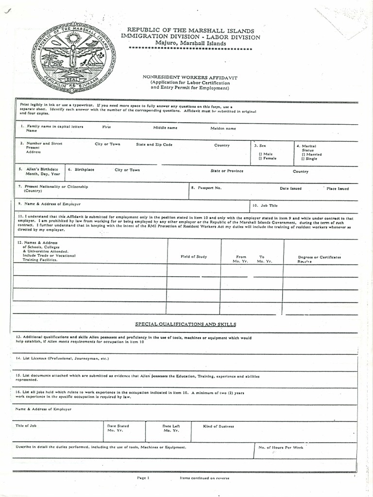 Working Permit Marshall Island | PDF