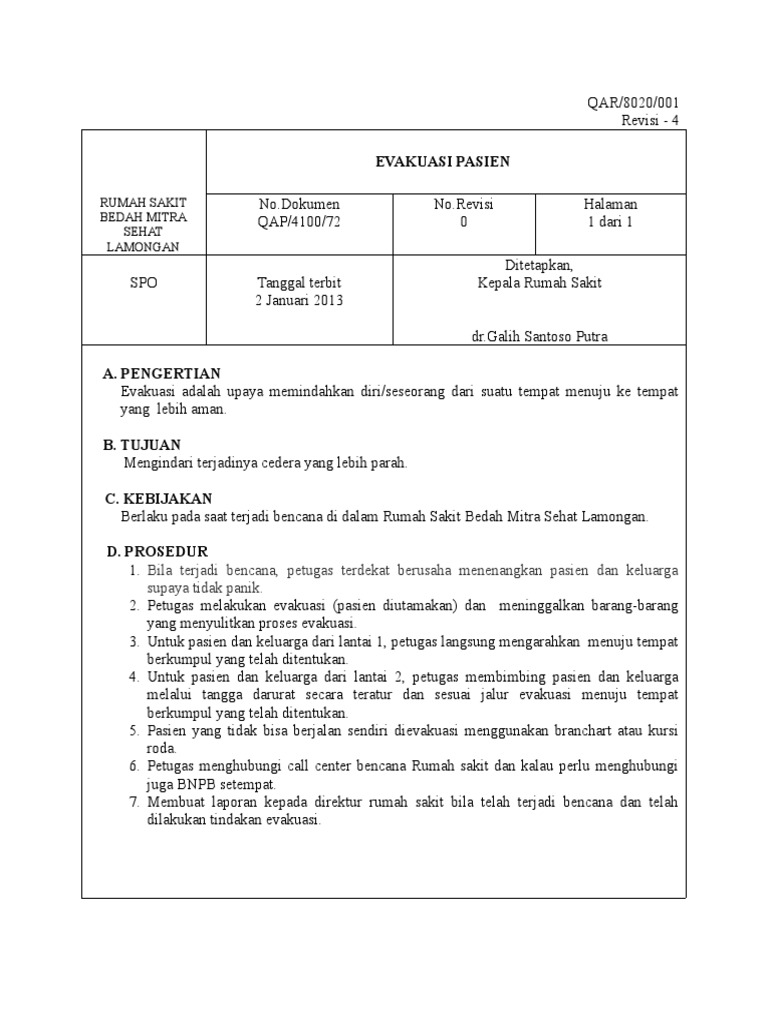 Sop Evakuasi Pasien | PDF
