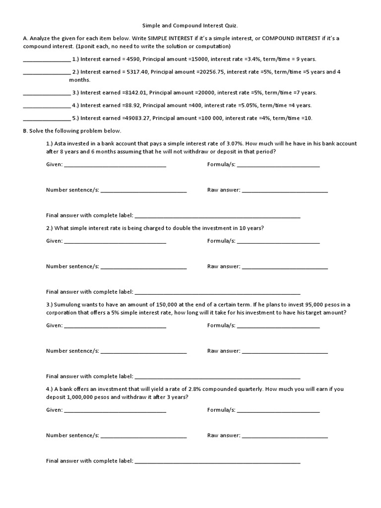 Simple and Compound Interest Quiz | PDF | Interest | Compound Interest