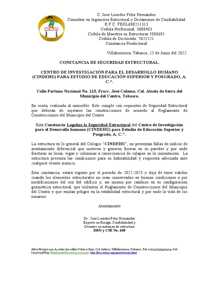 Constancia de Seguridad Estructural | PDF | Ingeniería