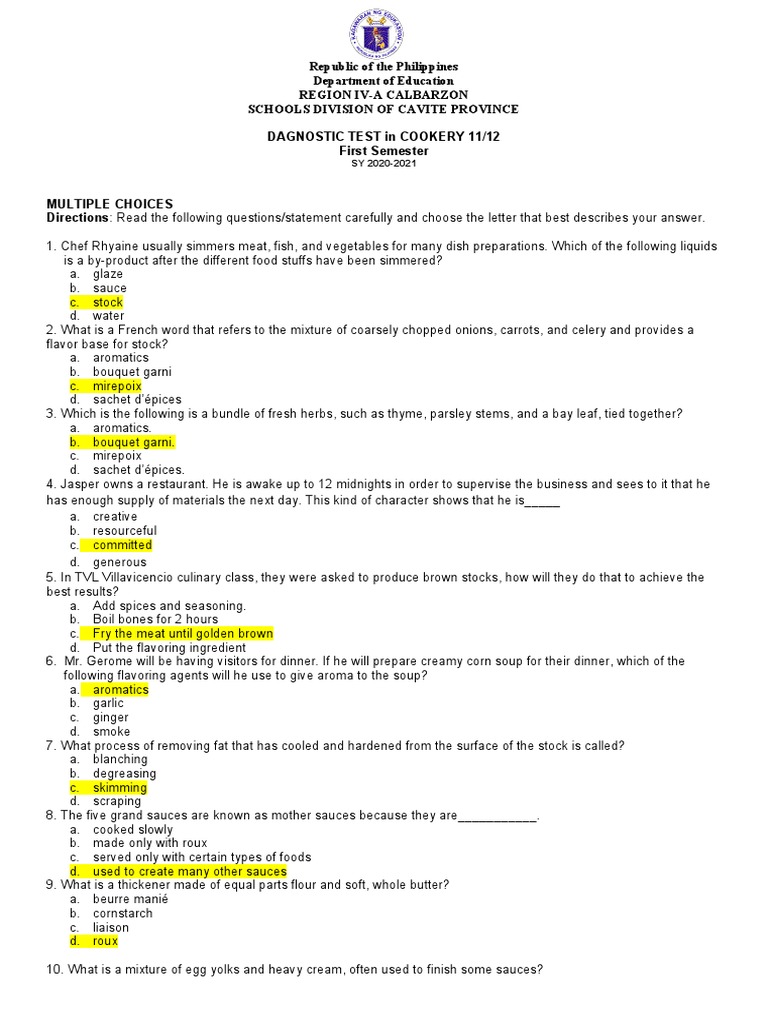 Key To Correction Diagnostic Test Cookery 11 12 | PDF | Starch | Seafood