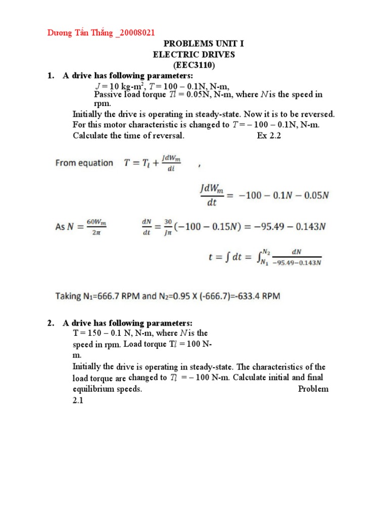 J 10 KG-M: Problems Unit I Electric Drives (EEC3110) 1. A Drive Has Following Parameters | PDF ...