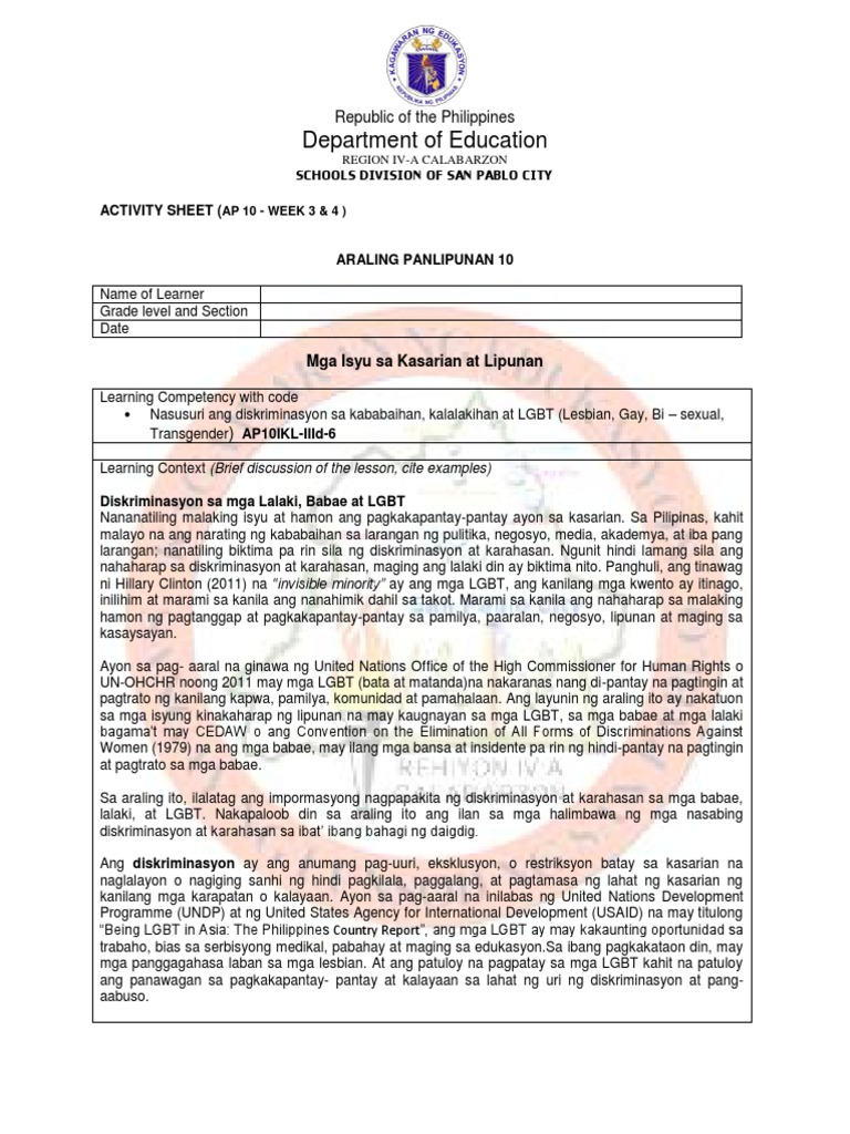 AP g10 - Las Week 3 and 4-Sdo-San-Pablo-City Mylene A. Salubayba | PDF