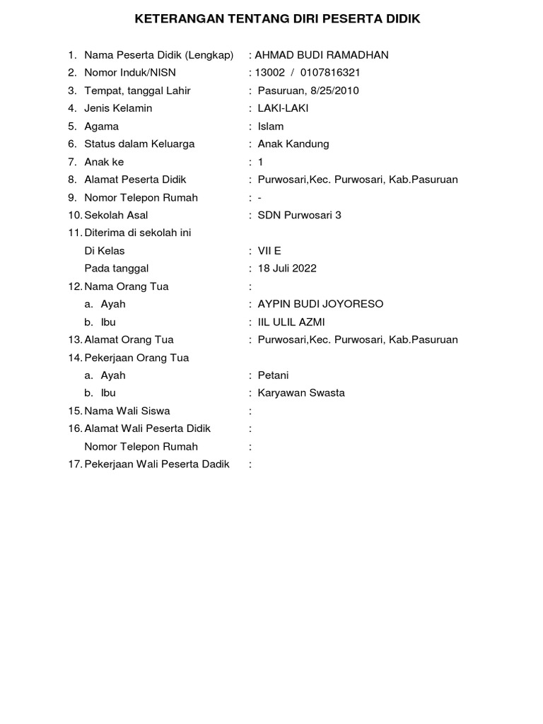 Biodata Rapot Kelas 7E FIX | PDF