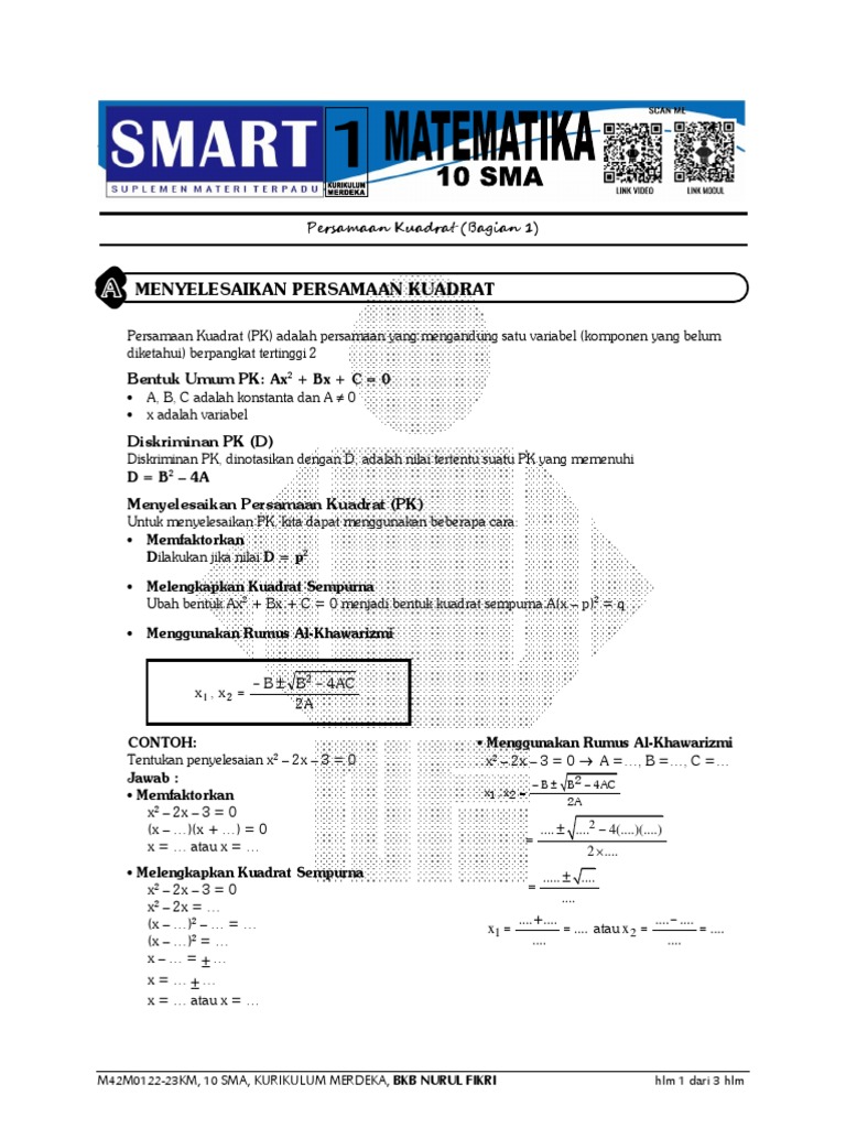 SMART01 Matematika 10IPA-IPS MERDEKA S22223 Persamaan Kuadrat 1 2 | PDF