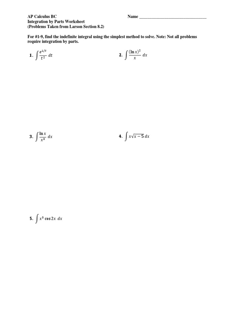 Larson Integration by Parts Worksheet | PDF