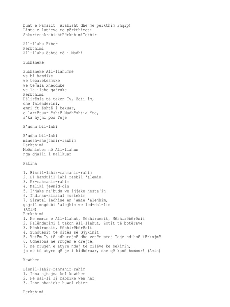 Duat e Namazit (Arabisht Dhe Me Perkthim Shqip) | PDF