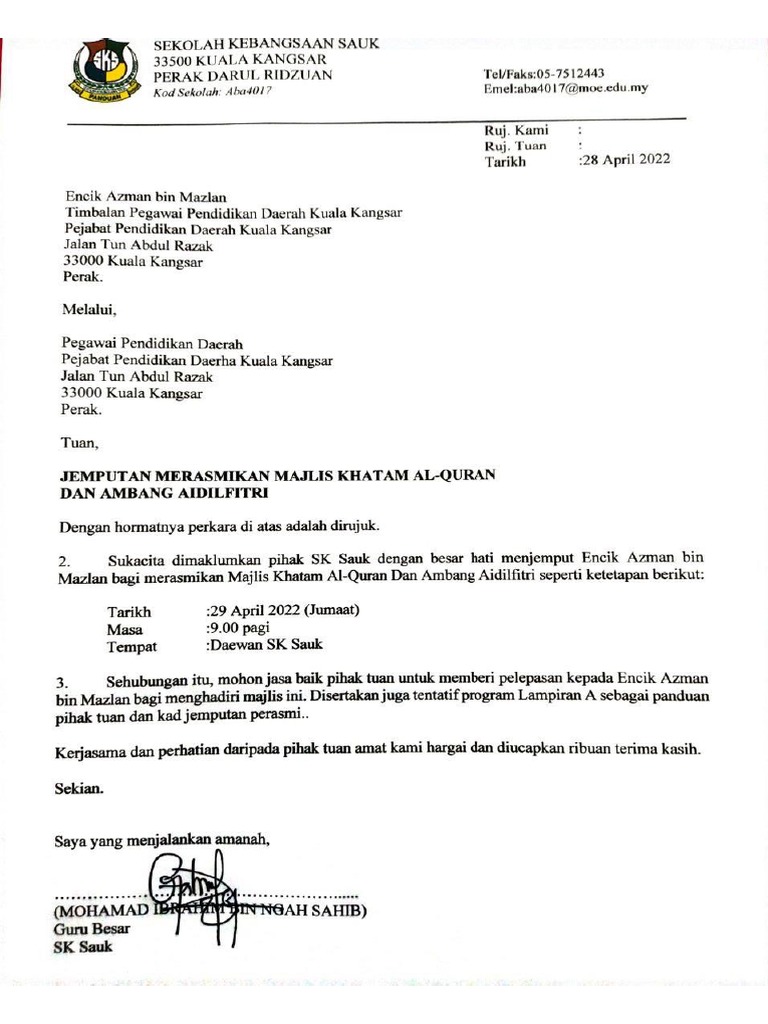 Surat Jemputan Perasmi Khatam Aq | PDF