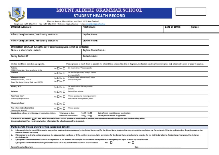 Mount Albert Grammar School Student Health Record: Ensuring Student ...