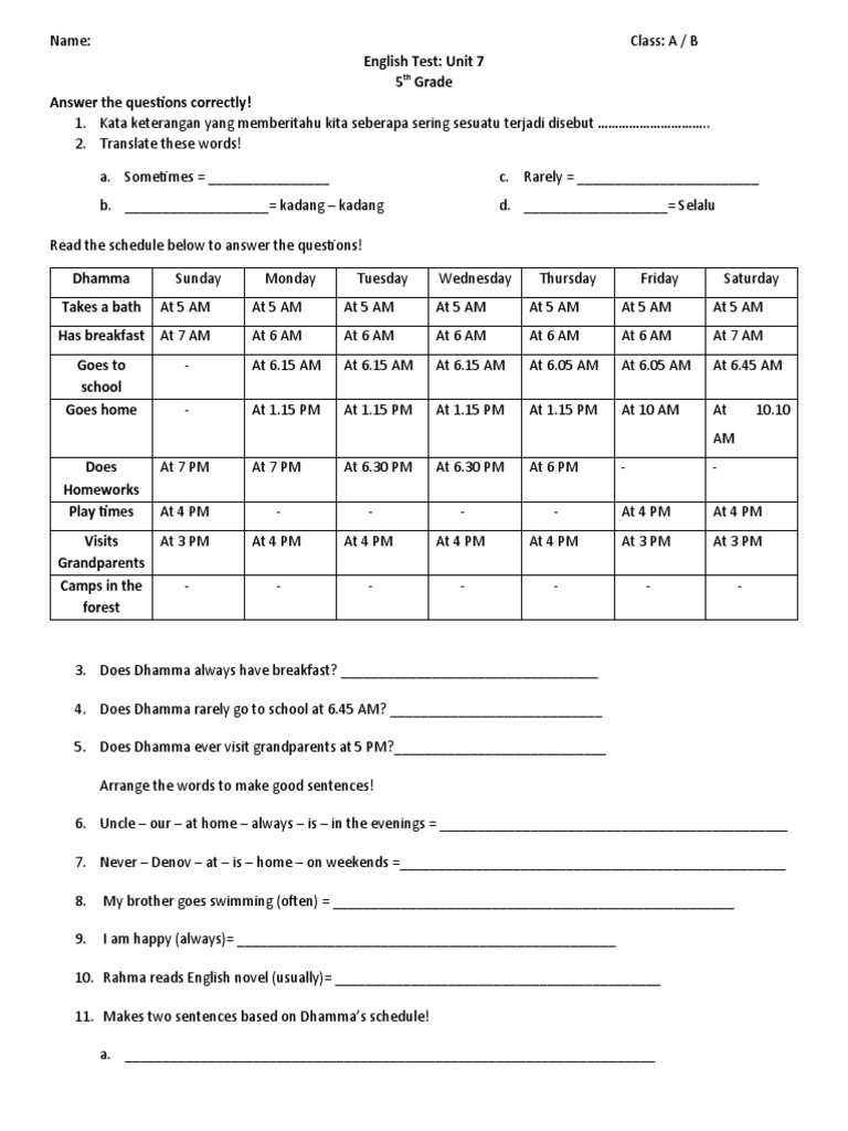 English Test 5th Grade Unit 7 | PDF