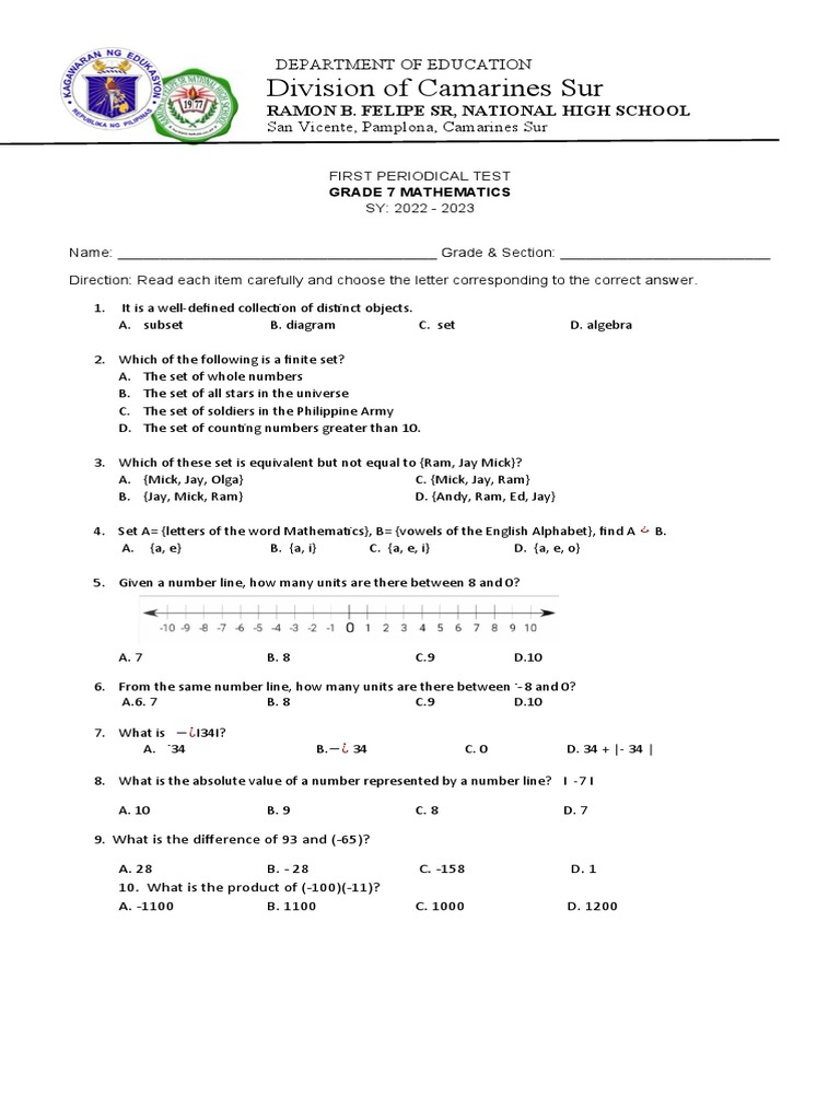 Math 7 1st Quarter Test | PDF | Integer | Rational Number