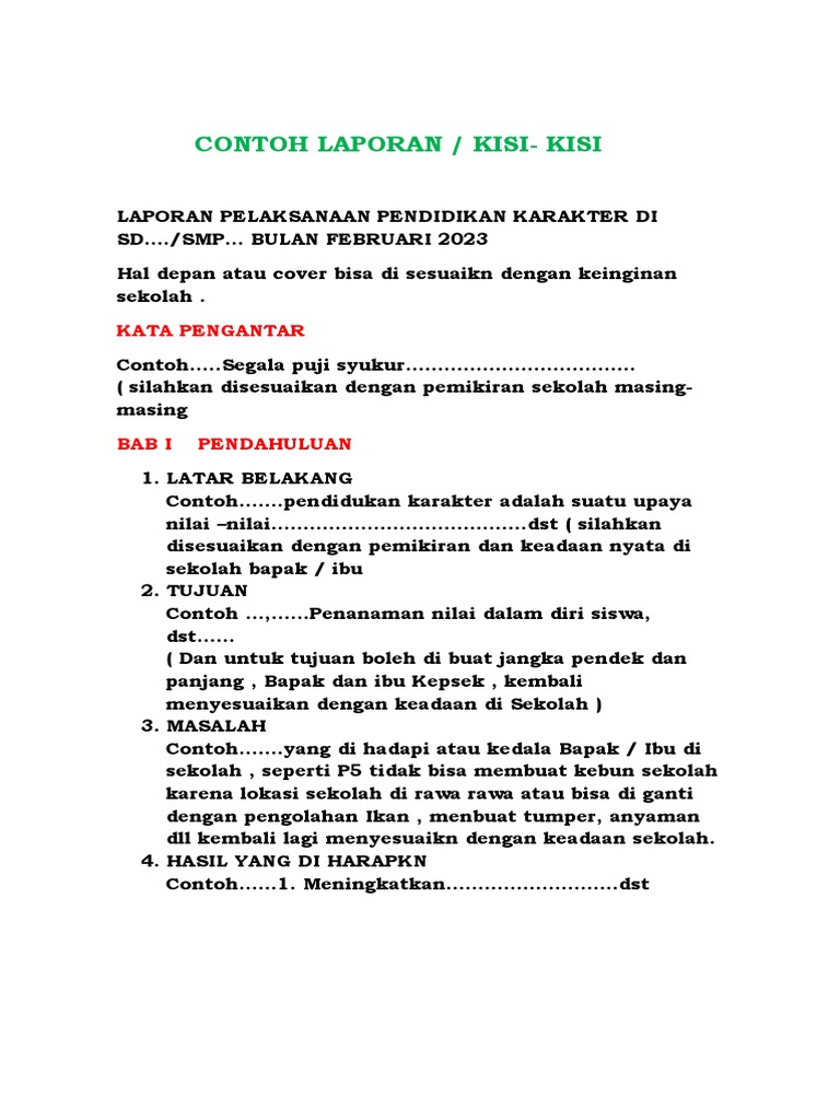 KISI - KISI Atau Contoh Pelaporan Kegiatan Pelaksanaan PPK Ok | PDF
