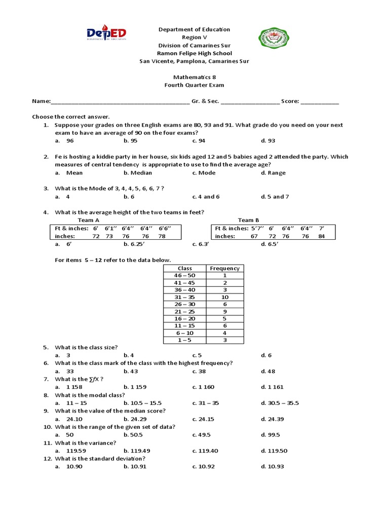 Math 8 4th Grading Exam | Download Free PDF | Variance | Mathematics