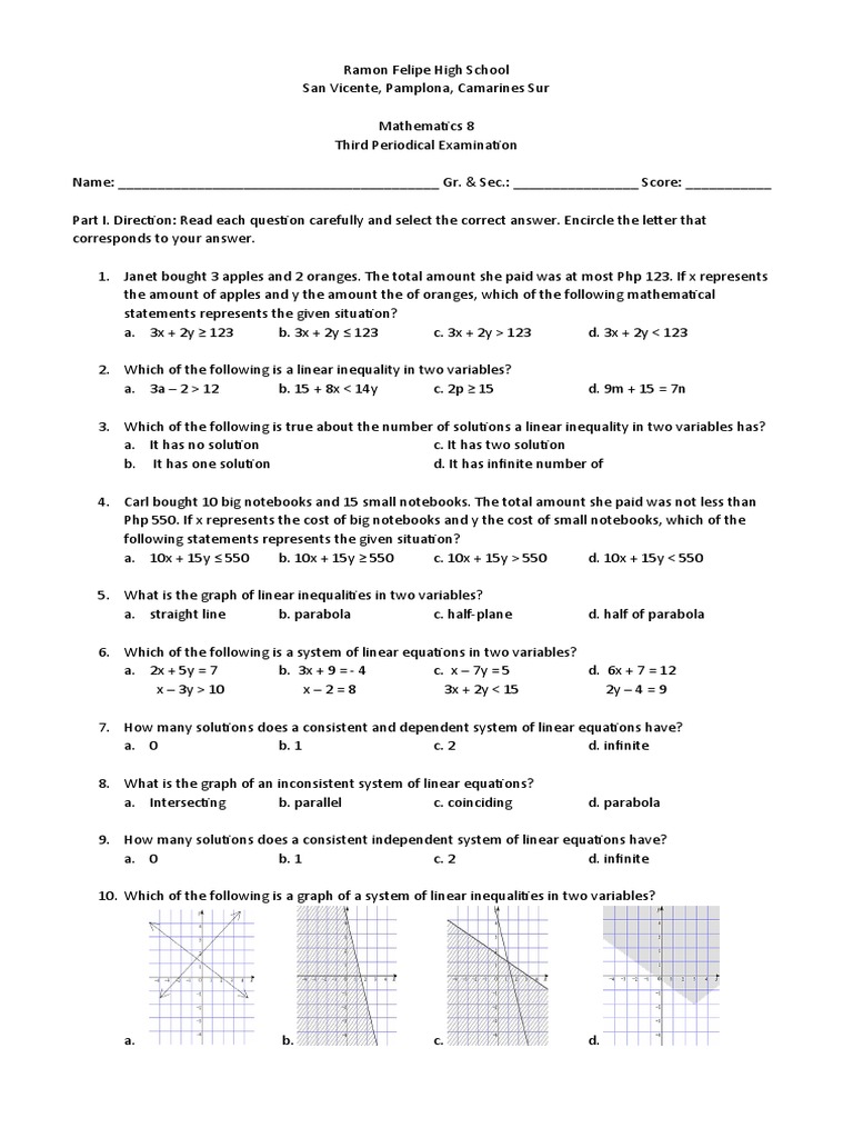 Math 8 3rd Grading Exam | PDF | System Of Linear Equations | Algebra