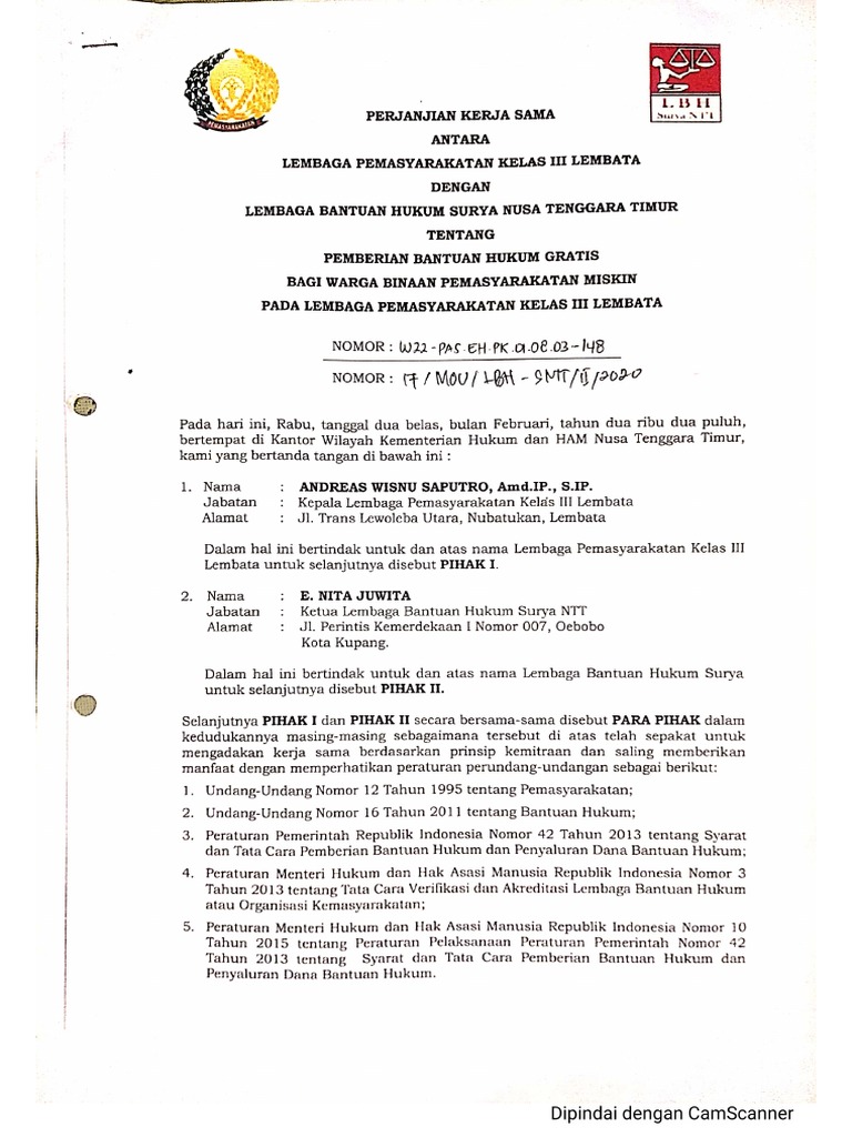 Kerjasama Lapas Lembata Dan LBH Surya NTT 2020 | PDF