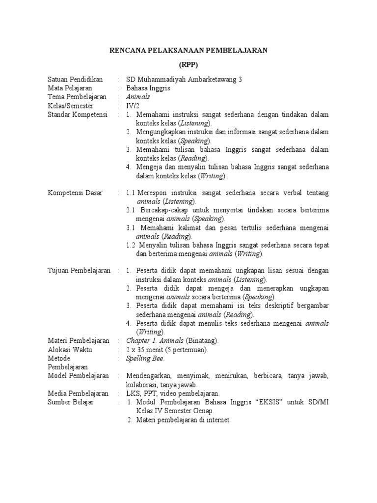 RPP Bahasa Inggris Kelas IV: Animals | PDF