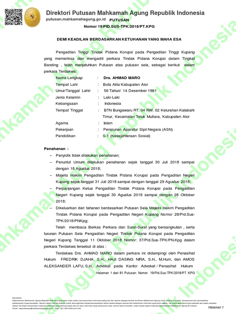 Putusan 19 Pid - Sus-Tpk 2018 PT KPG 20230107100304 | PDF