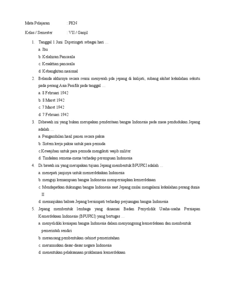 Soal PKN Kelas 7 Kurikulum Merdeka 2022 | PDF