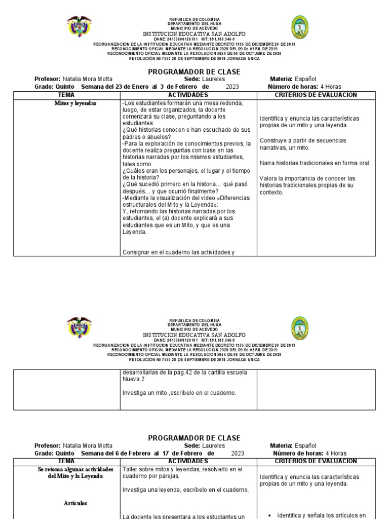 Programador de Clase Español Grado Quinto | PDF