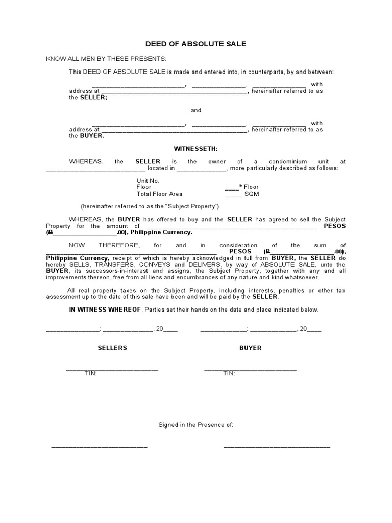 Deed of Sale Condo Unit | PDF | Sales | Economies