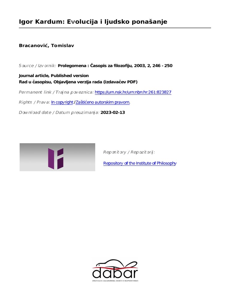 Bracanovic 2003 Igor - Kardum - Evolucija - I - Ljudsko Ifzg - 169 ...