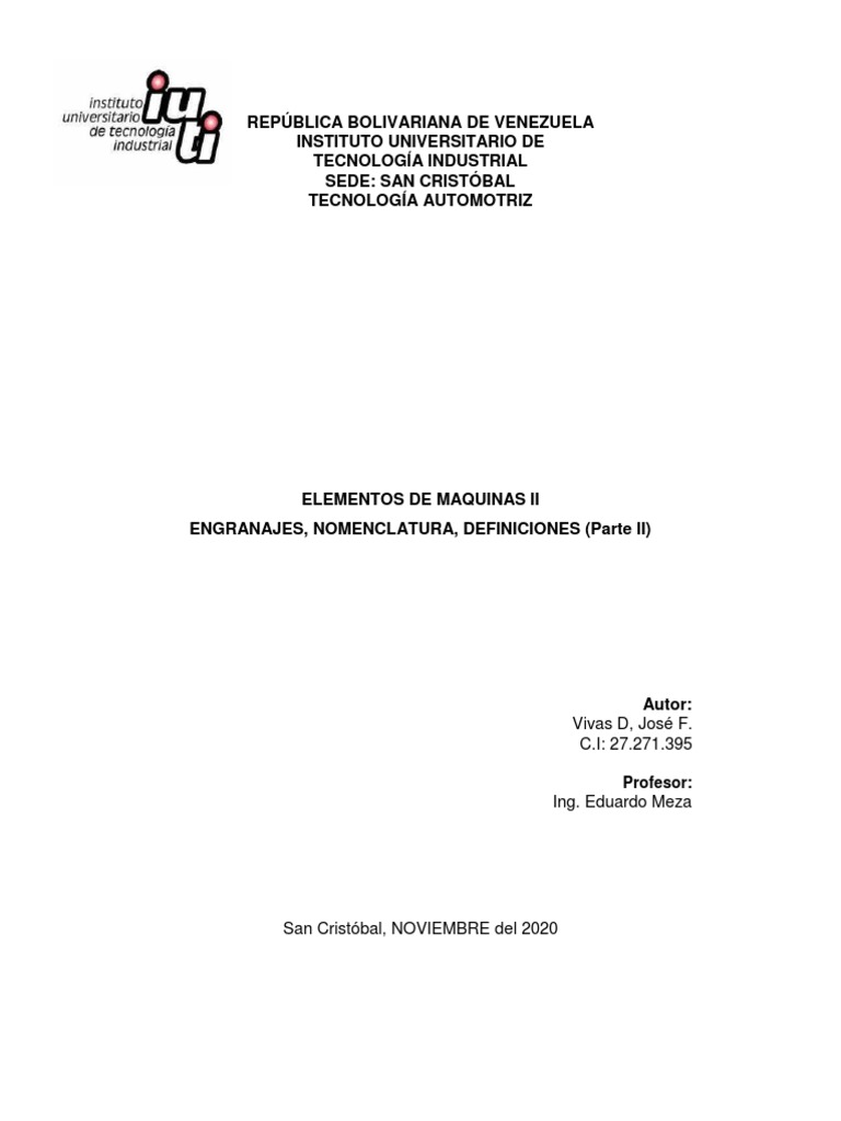 ELEMENTOS DE MAQUINA II - Segundo Trabajo PDF | PDF | Engranaje | Eje