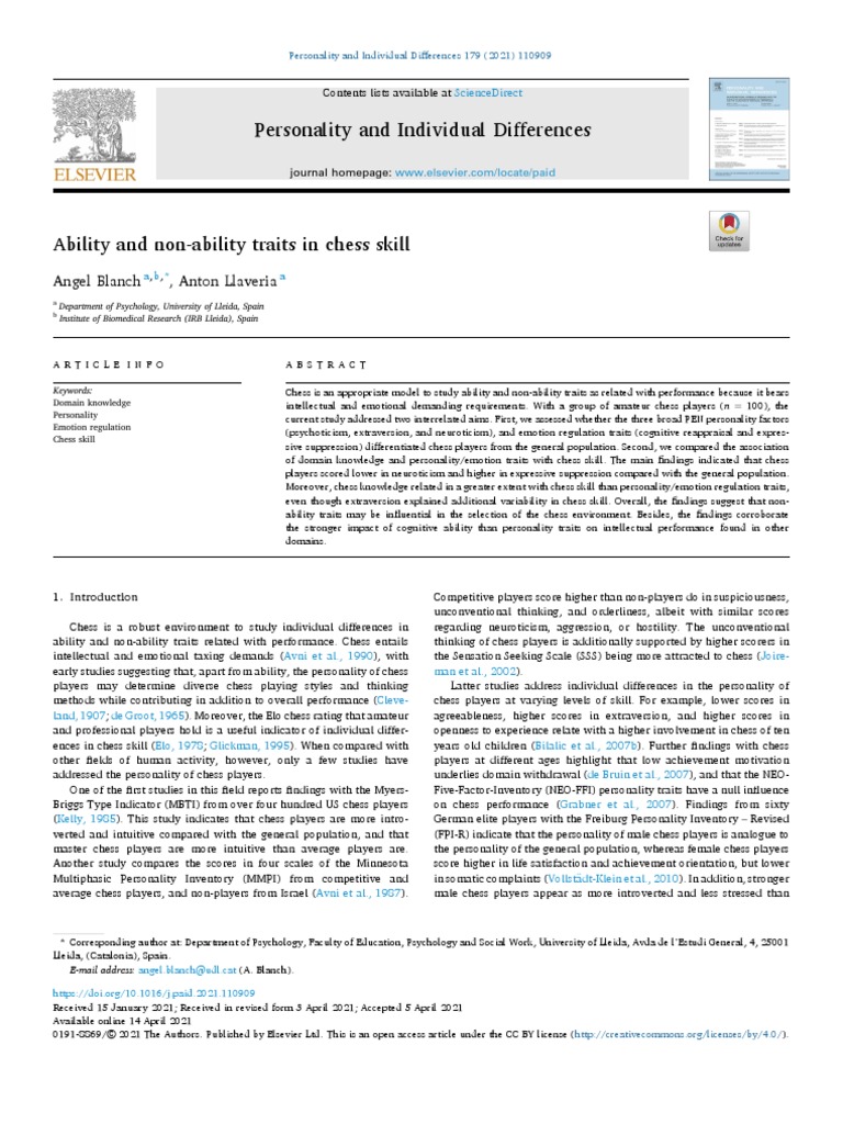 Ability and Non Ability Traits in Chess Skill | PDF | Extraversion And ...