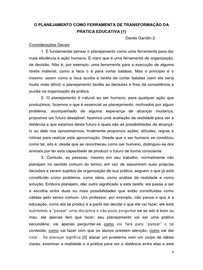 O PLANEJAMENTO Danilo Gandin | PDF | Realidade | Pensamento