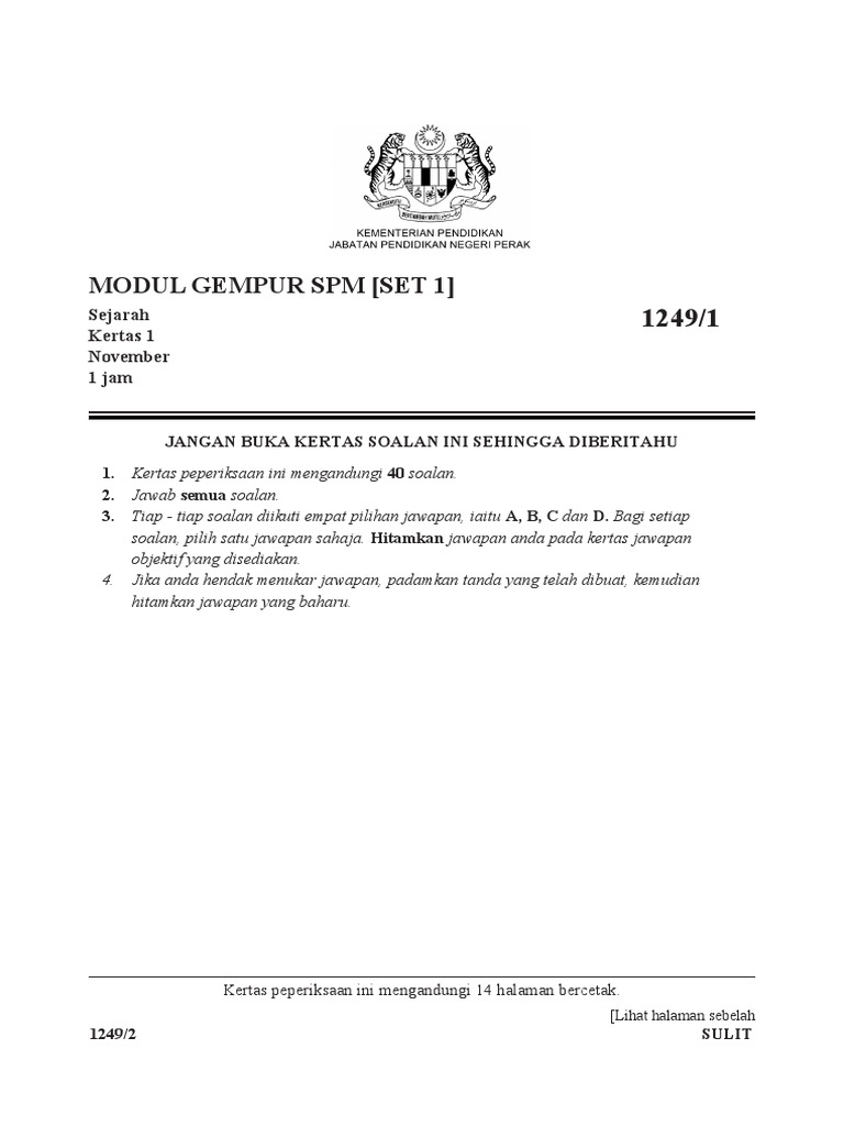 Kertas 1 Sejarah Modul Gempur Set 1 SPM 2022 | PDF