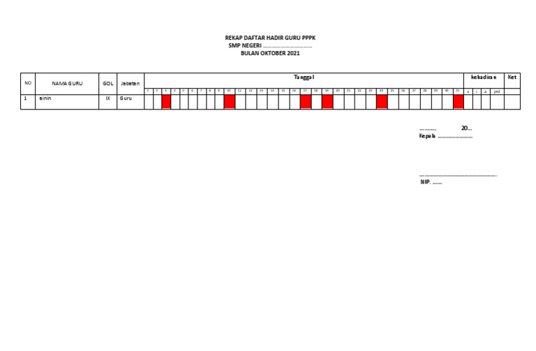 Rekap Daftar Hadir Guru PNS TPP | PDF